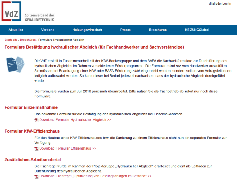 Neues Formular zum hydraulischen Abgleich - Si