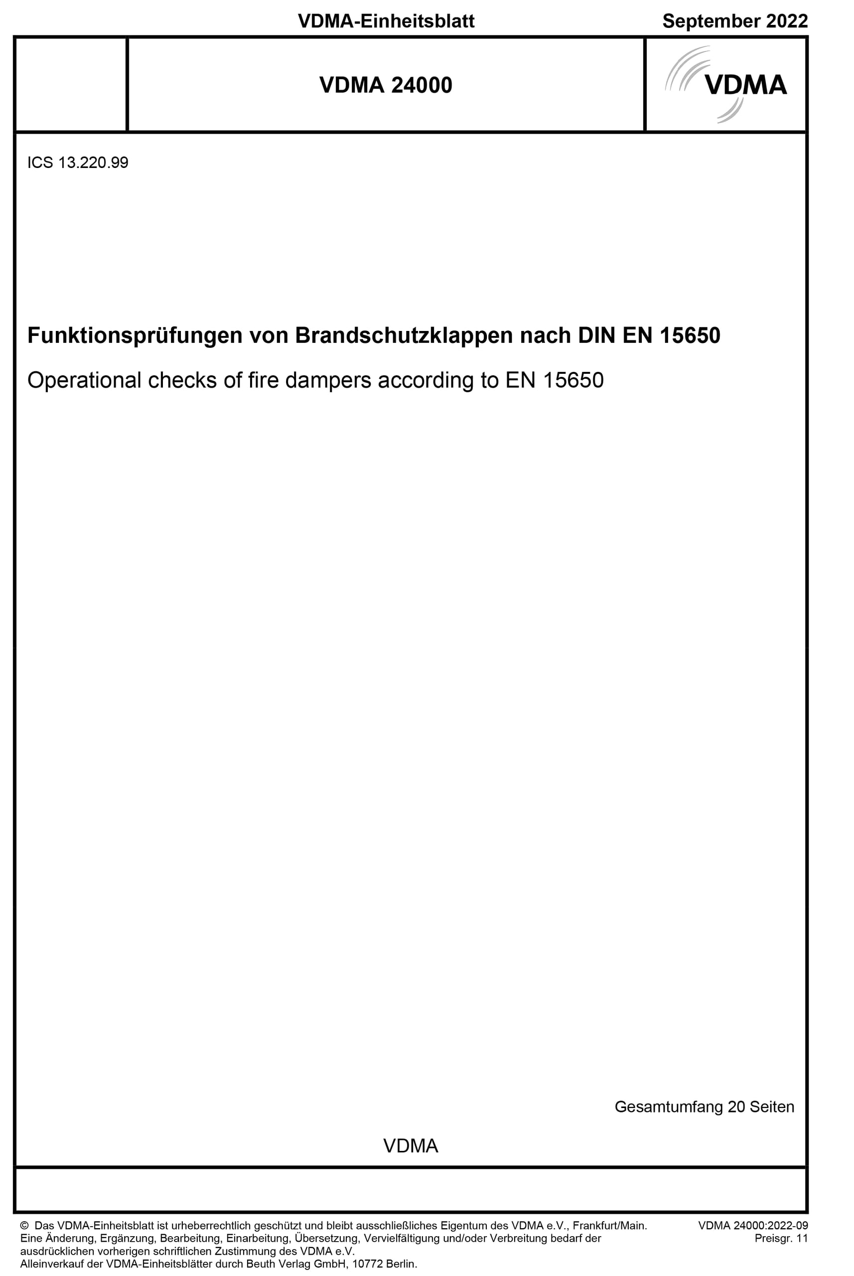 VDMA-Einheitsblatt zur Funktionsprüfung Brandschutzklappen - Si