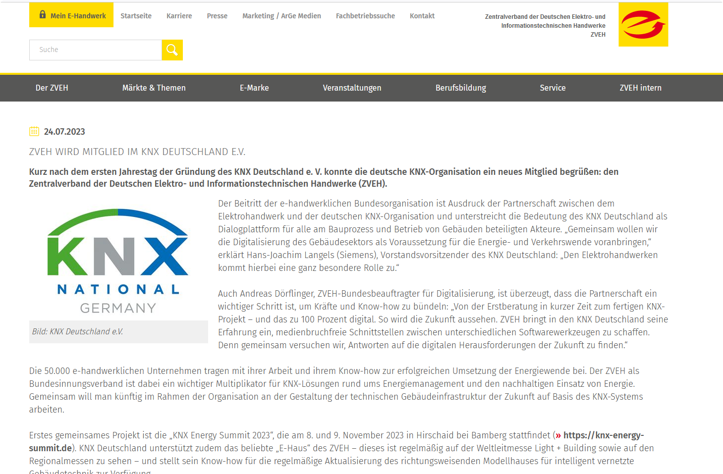 ZVEH wird Mitglied im KNX Deutschland e.V. - Si